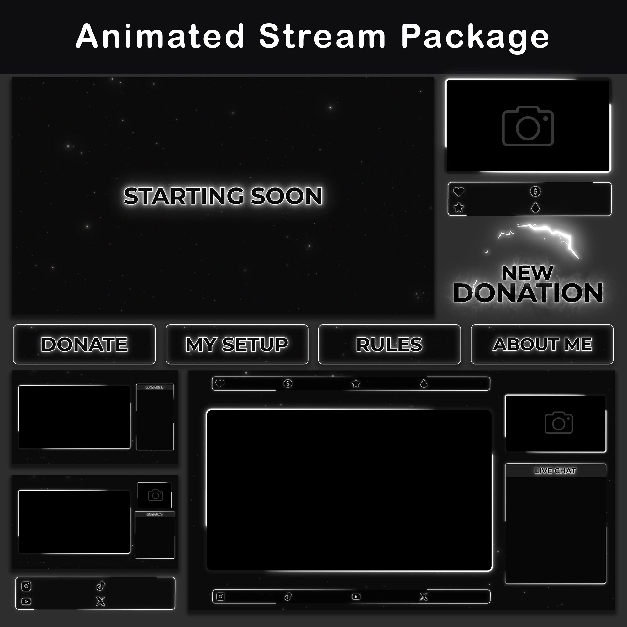 Animated Stream Package Dark Minimal Twitch OBS Overlay Black & White ...