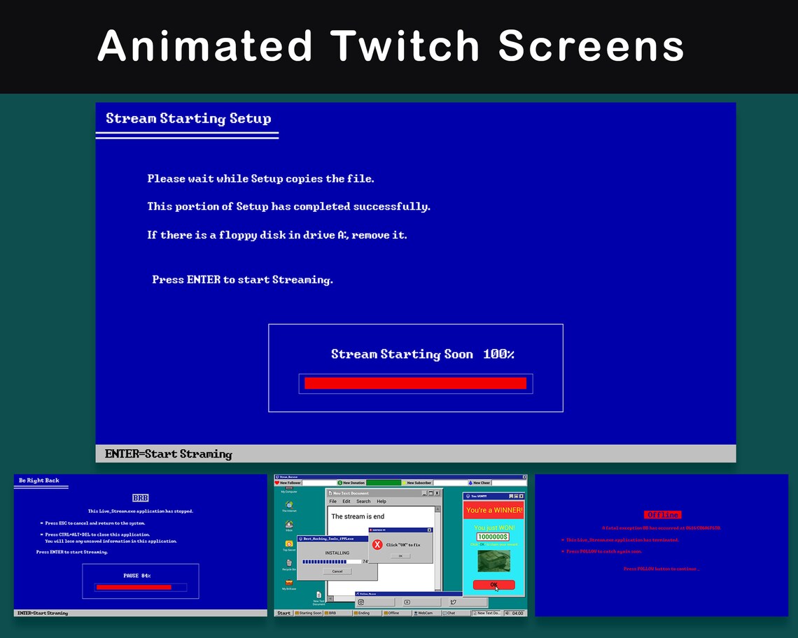 Animated Retro Twitch Screens Stream Screens Starting Soon, BRB, Ending ...