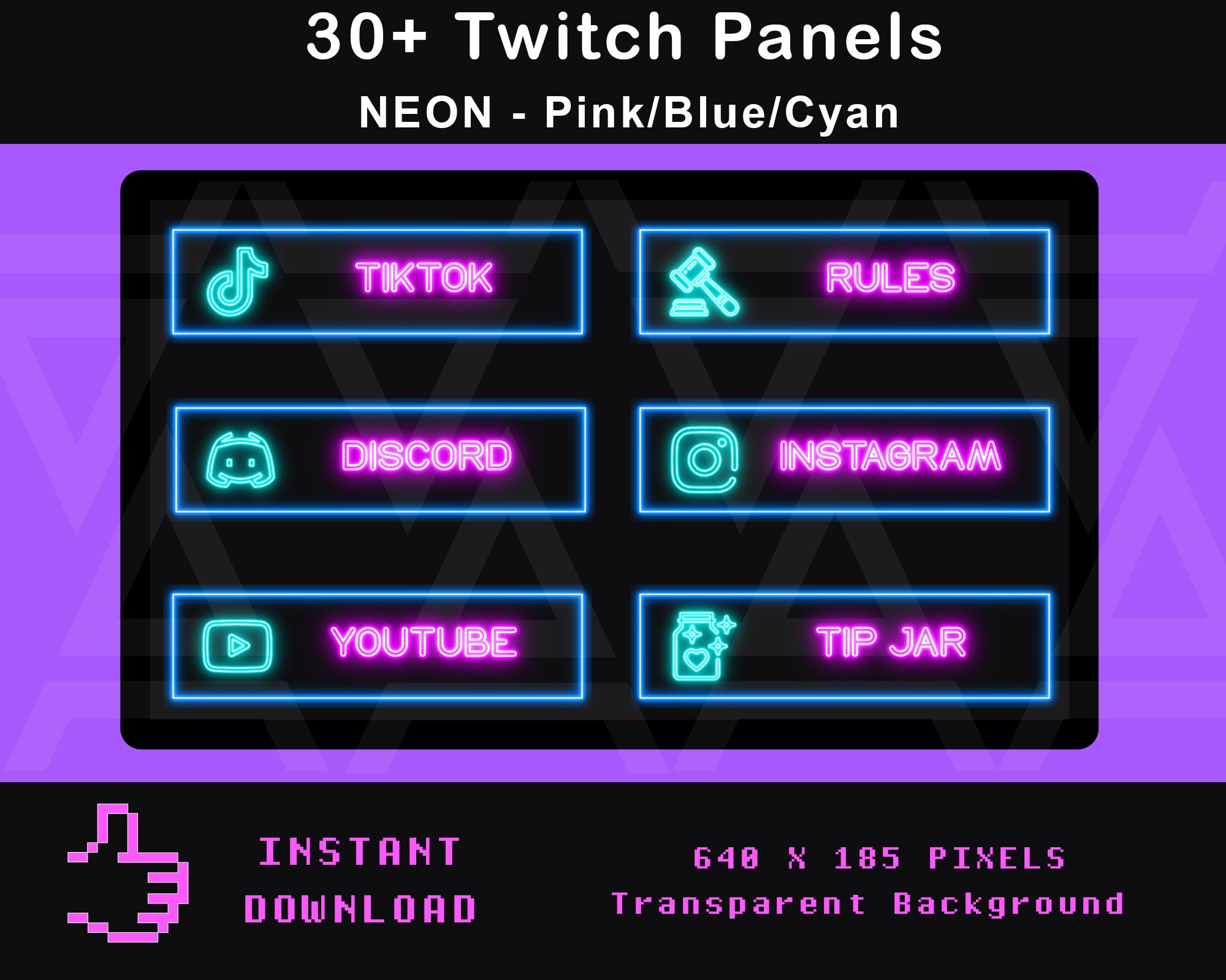 36 Twitch Panels NEON Multicolor pink, Blue, Cyan Neon Panels for ...