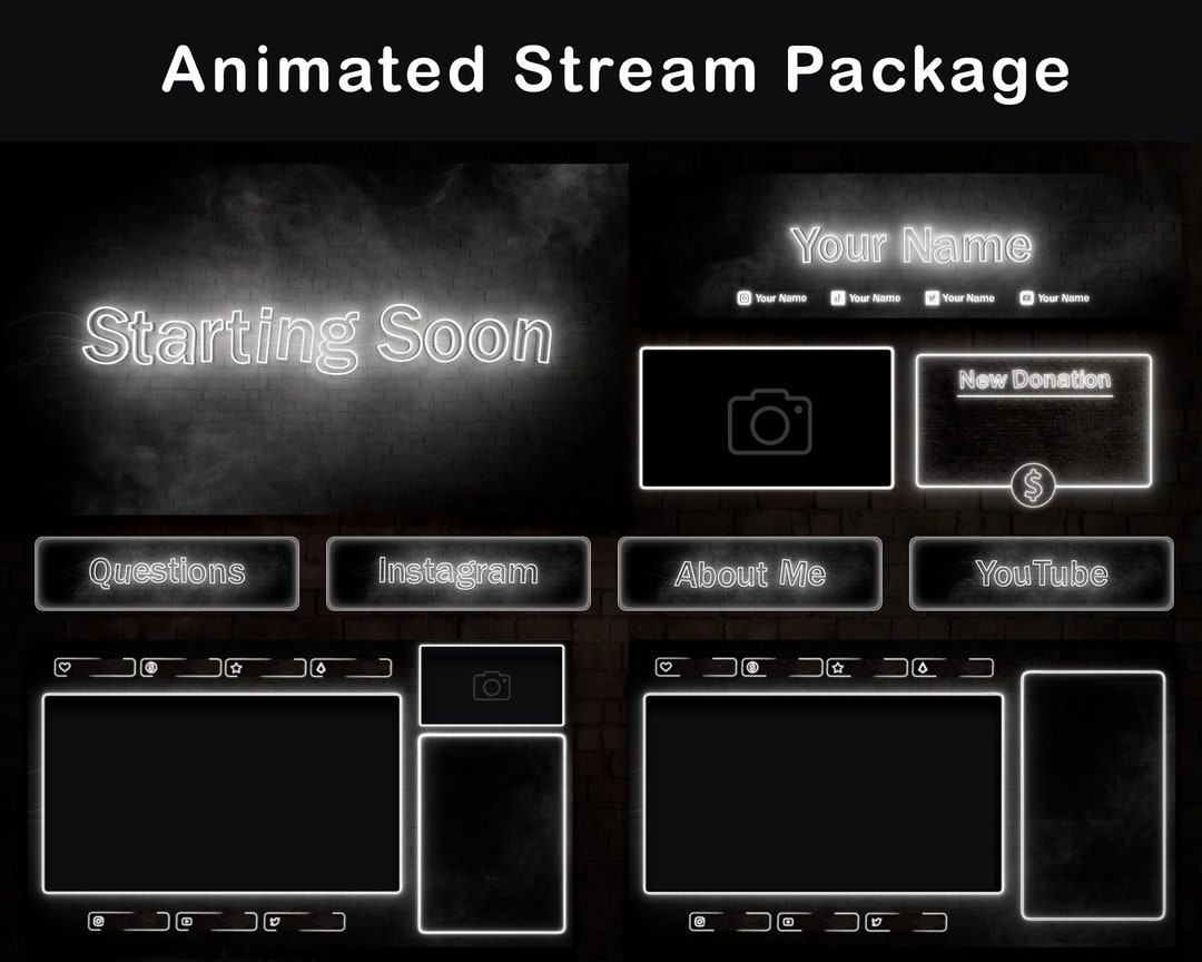 Animated Twitch Overlay Package | White Neon Stream Overlay | Alerts ...