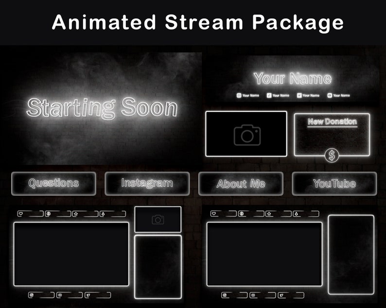 Animated Twitch Overlay Package White Neon Stream Overlay Alerts ...