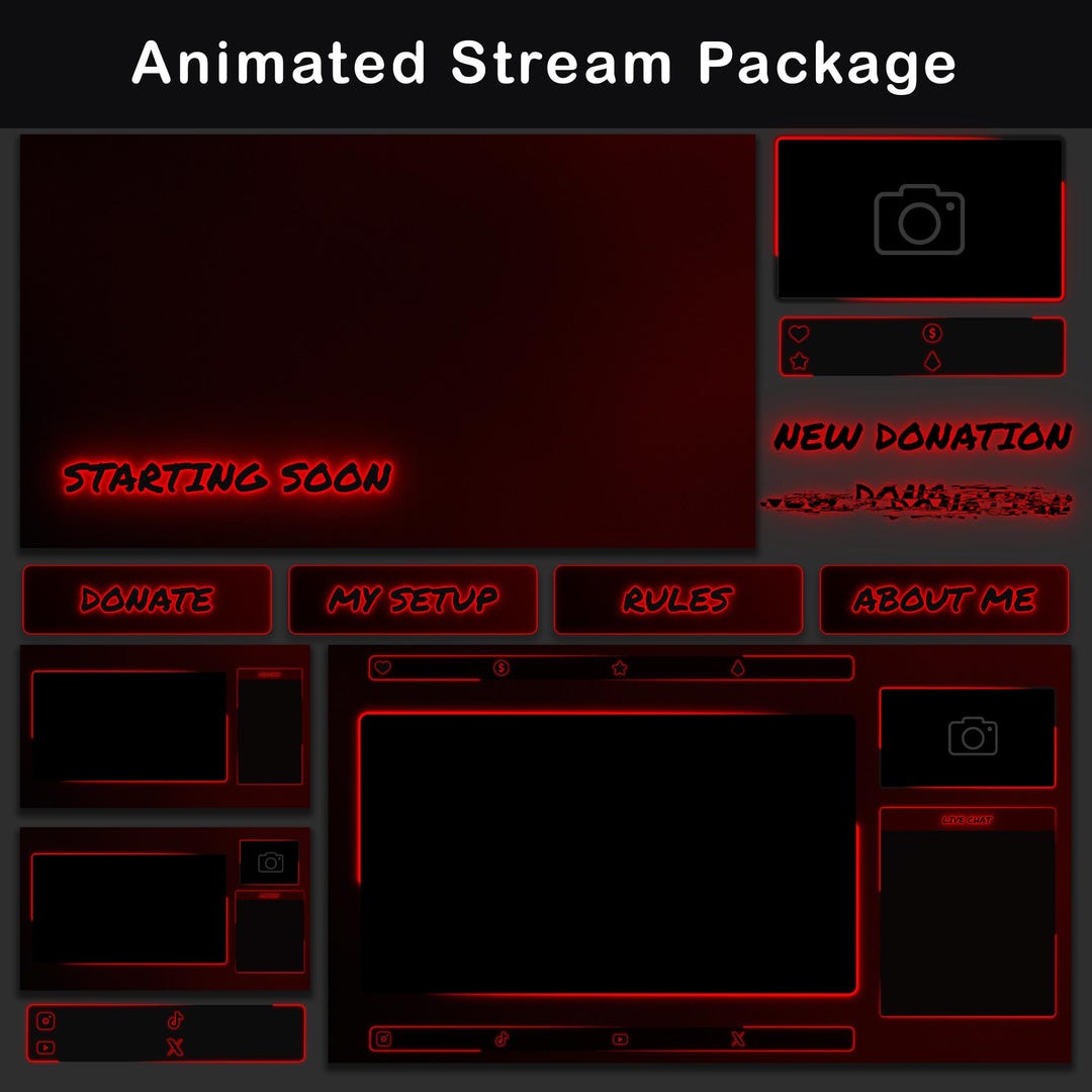 Animated Twitch Overlay Pack, Dark Red Neon Stream Layout, Clean ...