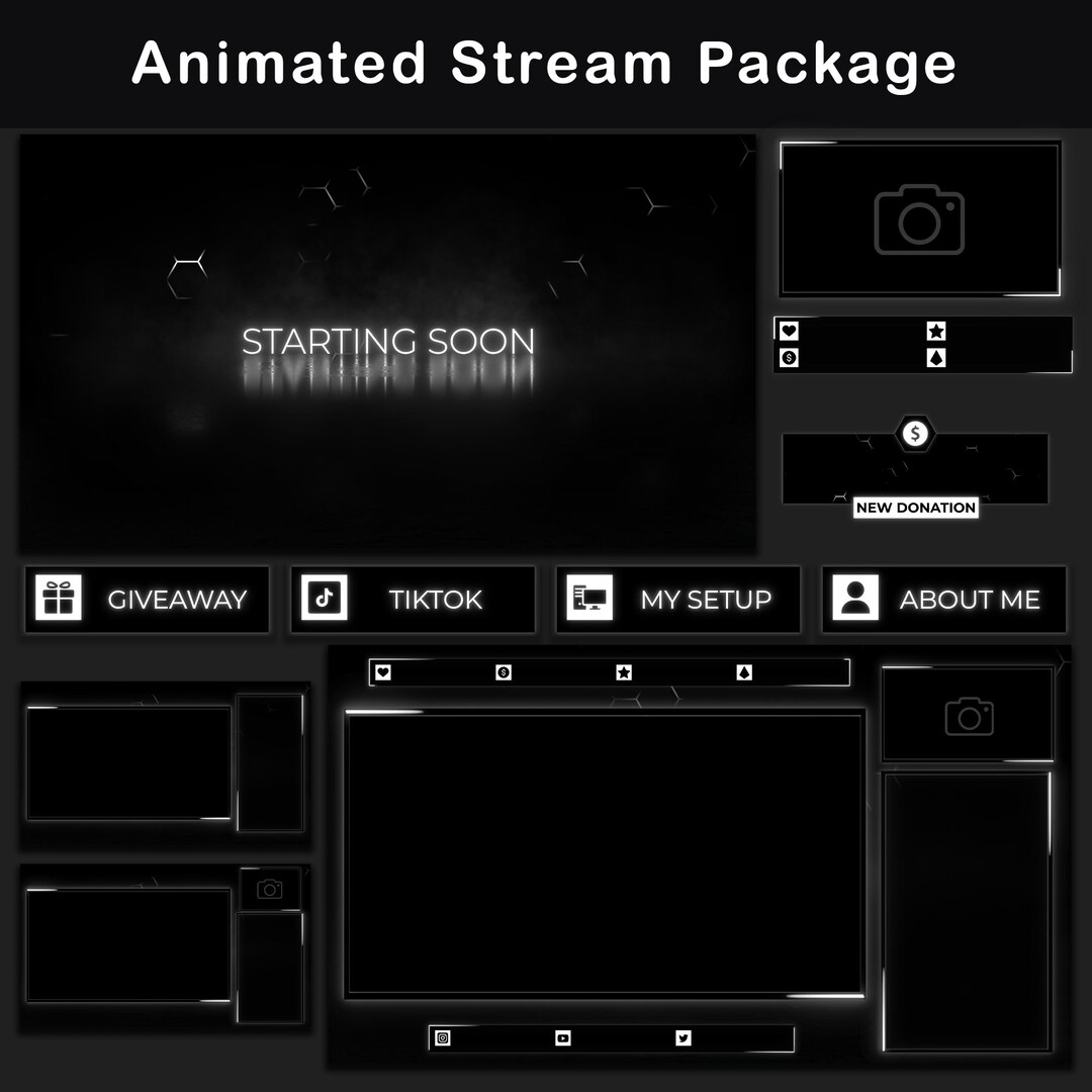 Black & White Twitch Overlay Package | Minimal Animated Stream Package ...