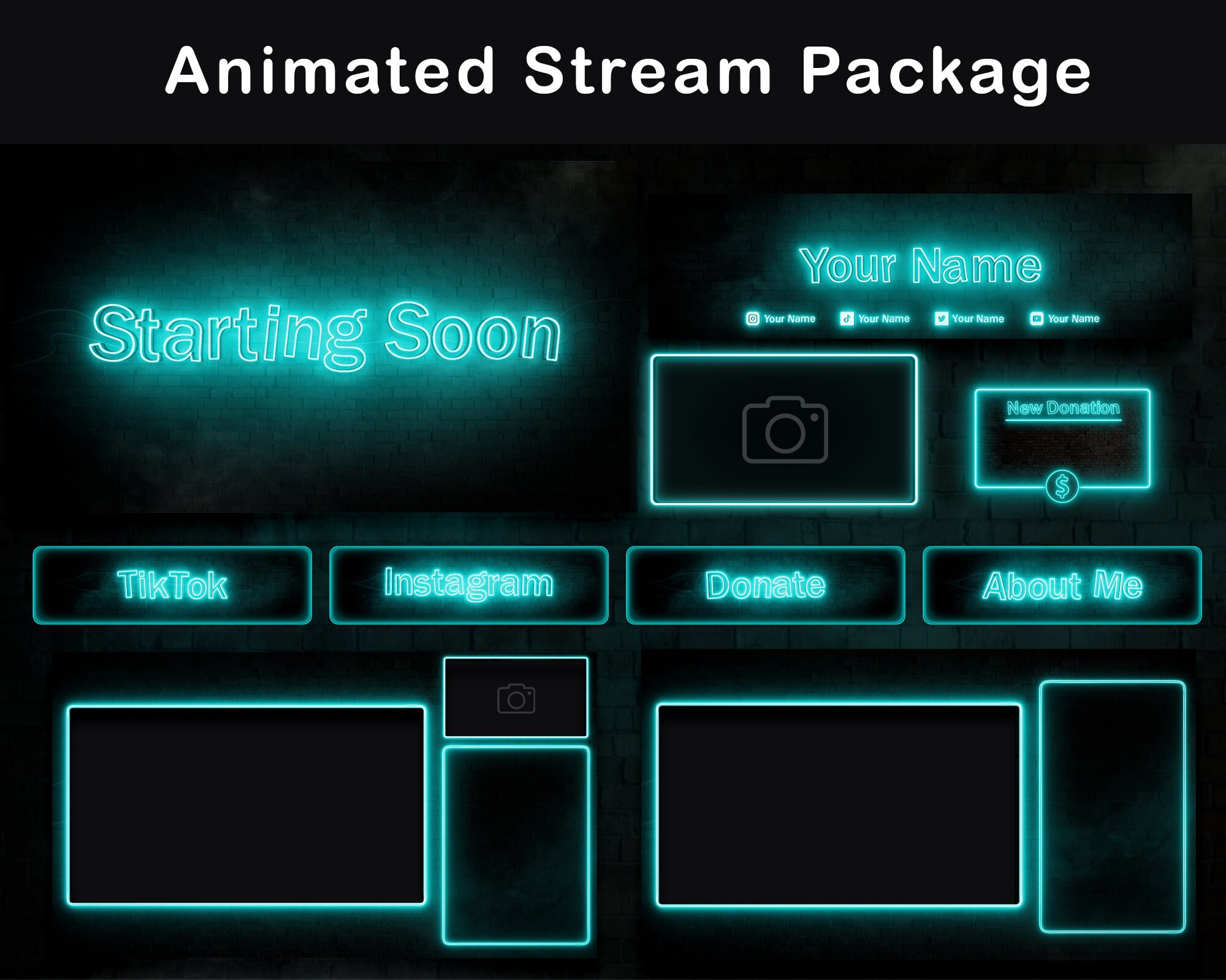 Cyan Neon Twitch Overlay Animated Package Stream Overlay Bundle Twitch ...
