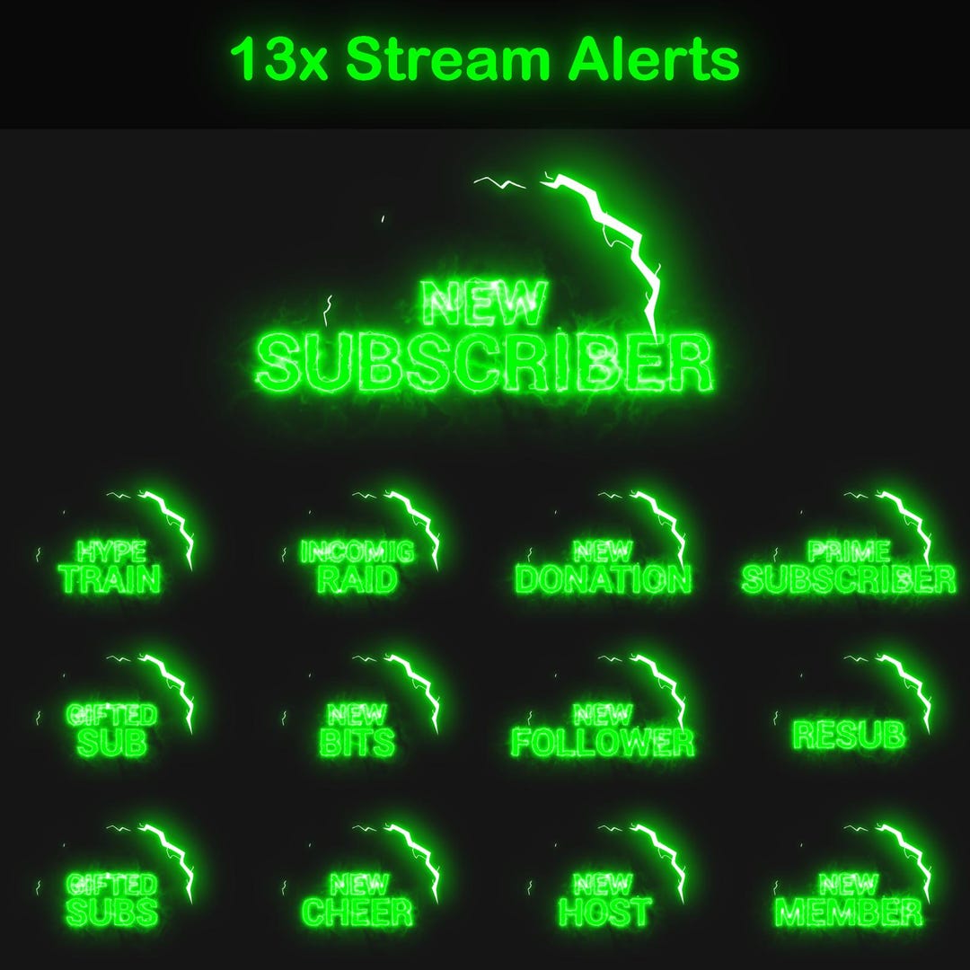Green Electric Animated Stream Alerts Pack for Twitch | 13x Lightning ...