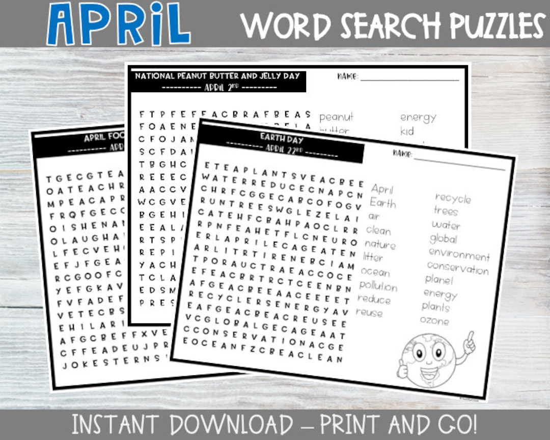 Printable National April Holiday Word Search Puzzles / Digital Download ...