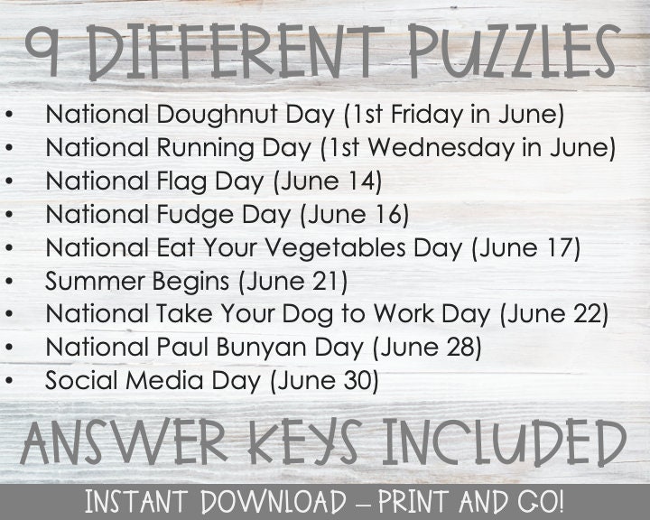 Printable National June Holiday Word Search Puzzles / Digital Download ...