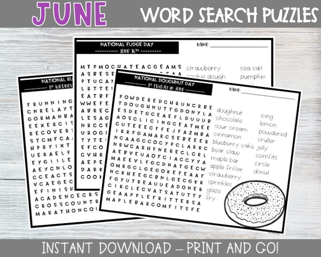Printable National June Holiday Word Search Puzzles / Digital Download ...