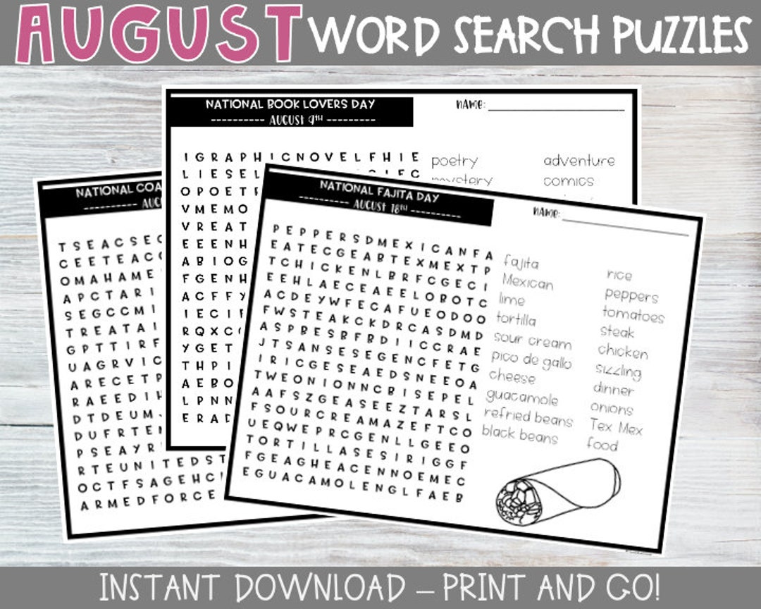 Printable National August Holiday Word Search Puzzles / Digital ...