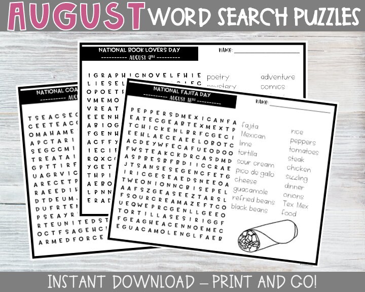 Printable National August Holiday Word Search Puzzles / Digital ...