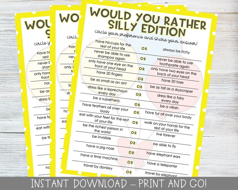 Printable Would You Rather This or That Game / Silly Version / for Kids ...