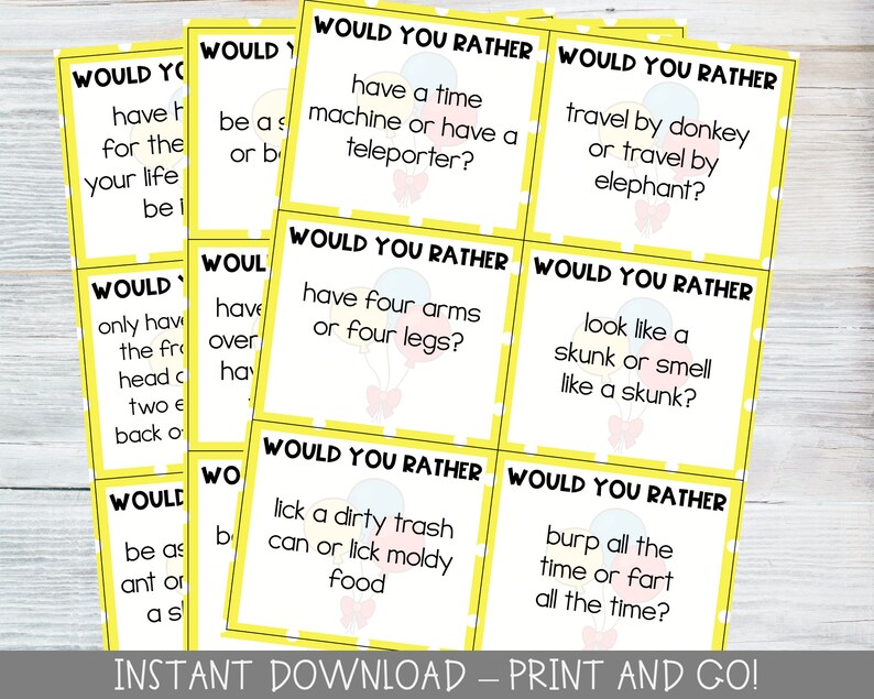 Printable Would You Rather Cards / Silly Version / This or That Game ...
