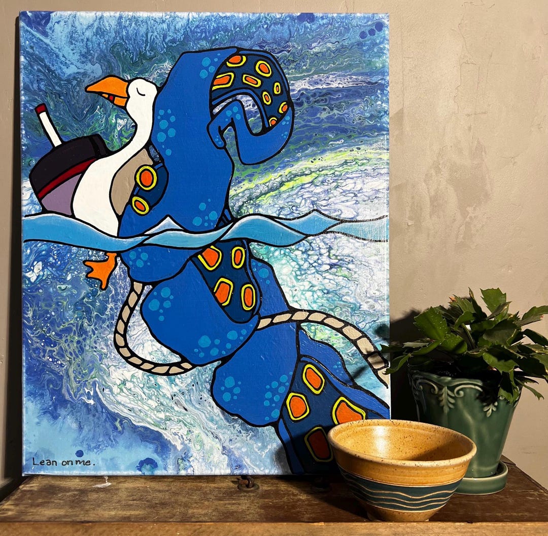 Coastal Pop Art Painting | Octopus, Seagull, Acrylic Canvas - Etsy
