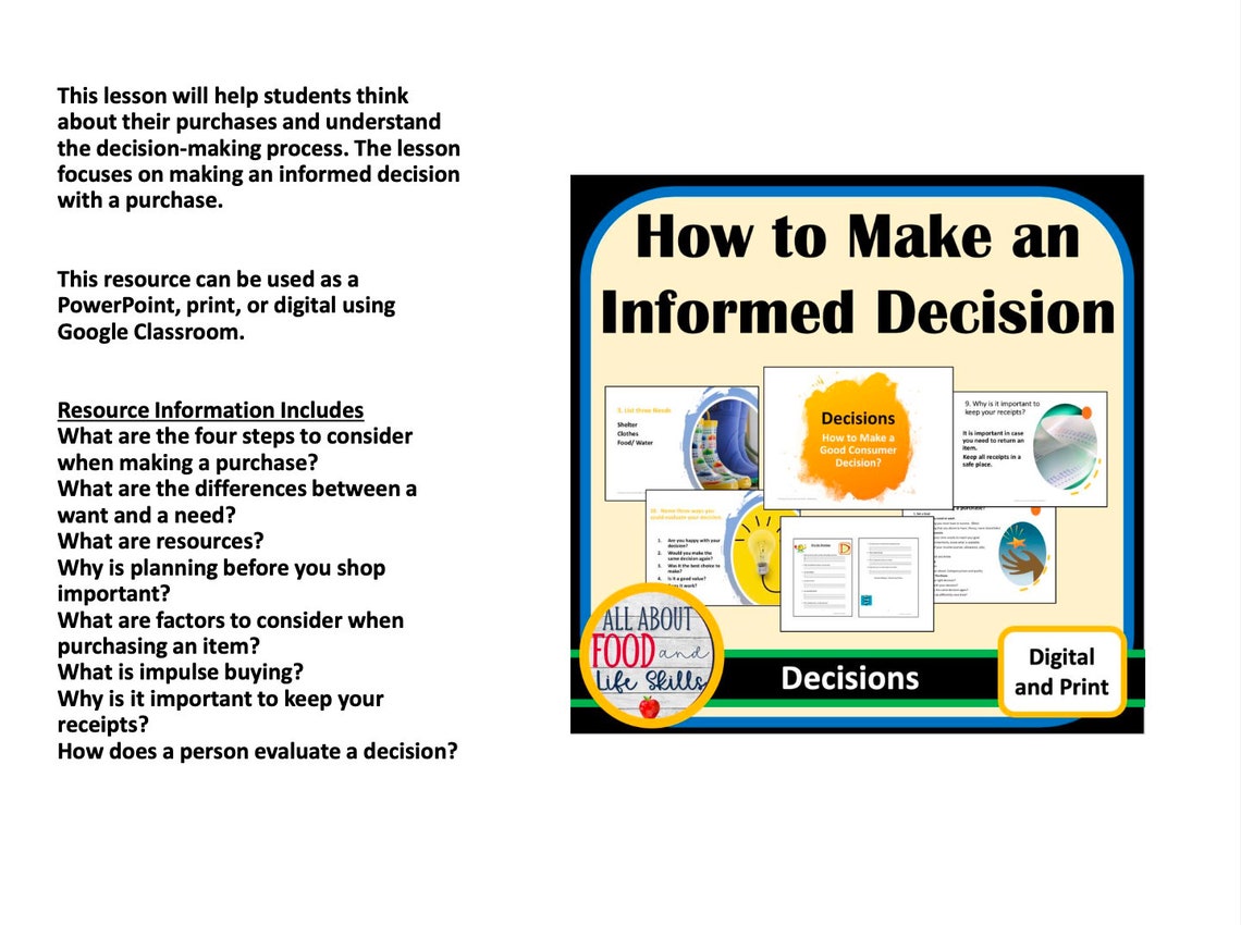 How to Make Informed Decisions Life Skills, FACS, Business, Careers - Etsy