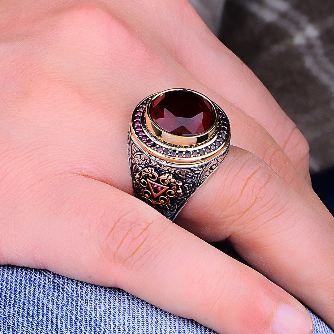 Ruby Stone Silver Men Ring, Turkish Handcrafted Unique Design Men's ...