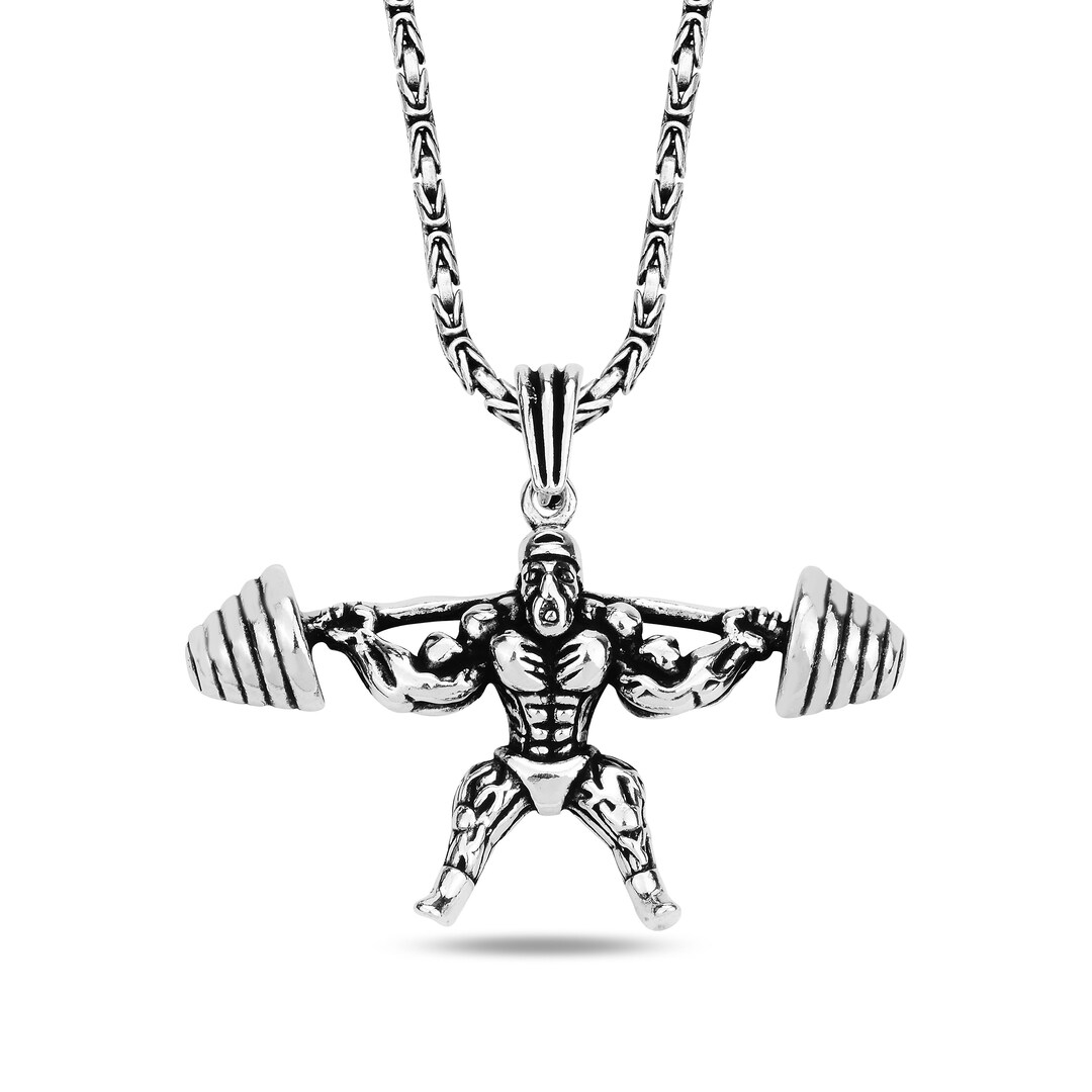 925K Silver Bodybuilder Barbell Pendant Men's Byzantine Chain Necklace ...