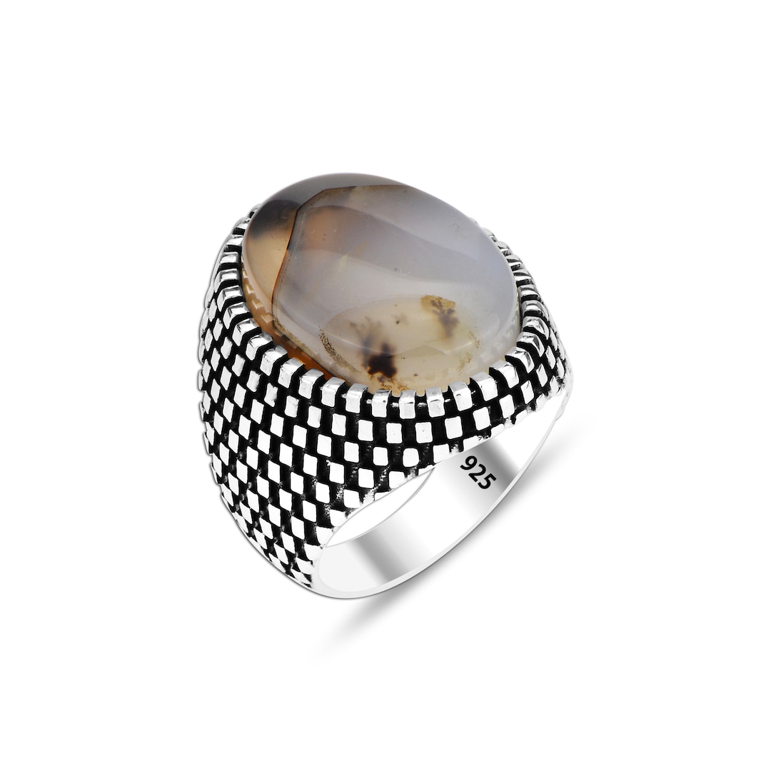925 Sterling Silver Agate Stone Men Ring, Simple Design Rings for Men ...