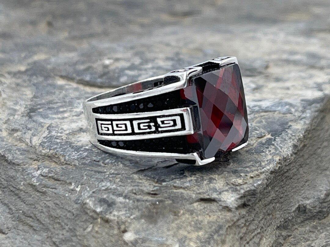 Red Stone Men Silver Ring Side Stones Black Onyx Turkish Handmade ...