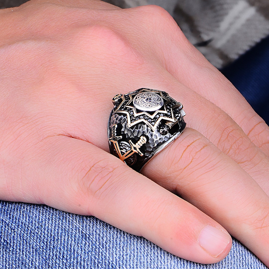 Unique Men's Ring With Onyx Stones, 925 Sterling Silver Vintage Style ...