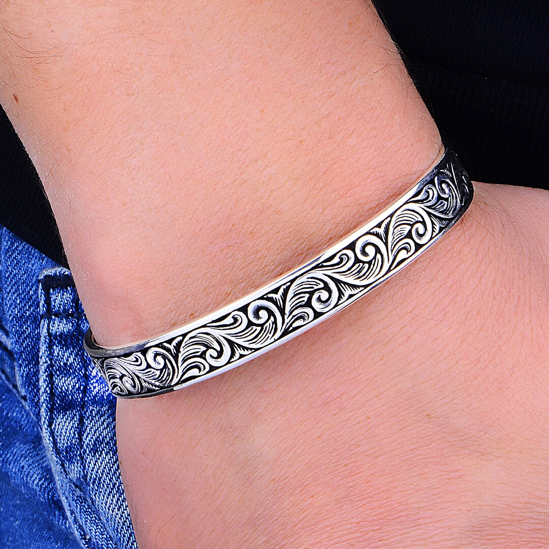 925k Sterling Silver Cuff Bracelet for Men, Adjustable Embroidered ...