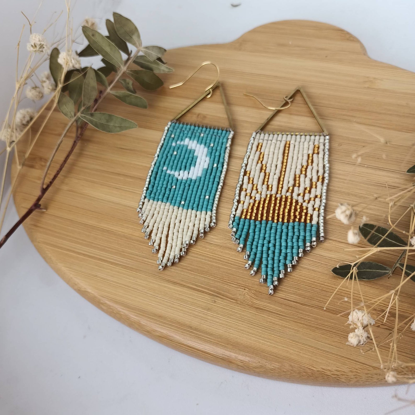 Crescent Moon and Sun Earrings Turquoise Beaded Moon - Etsy