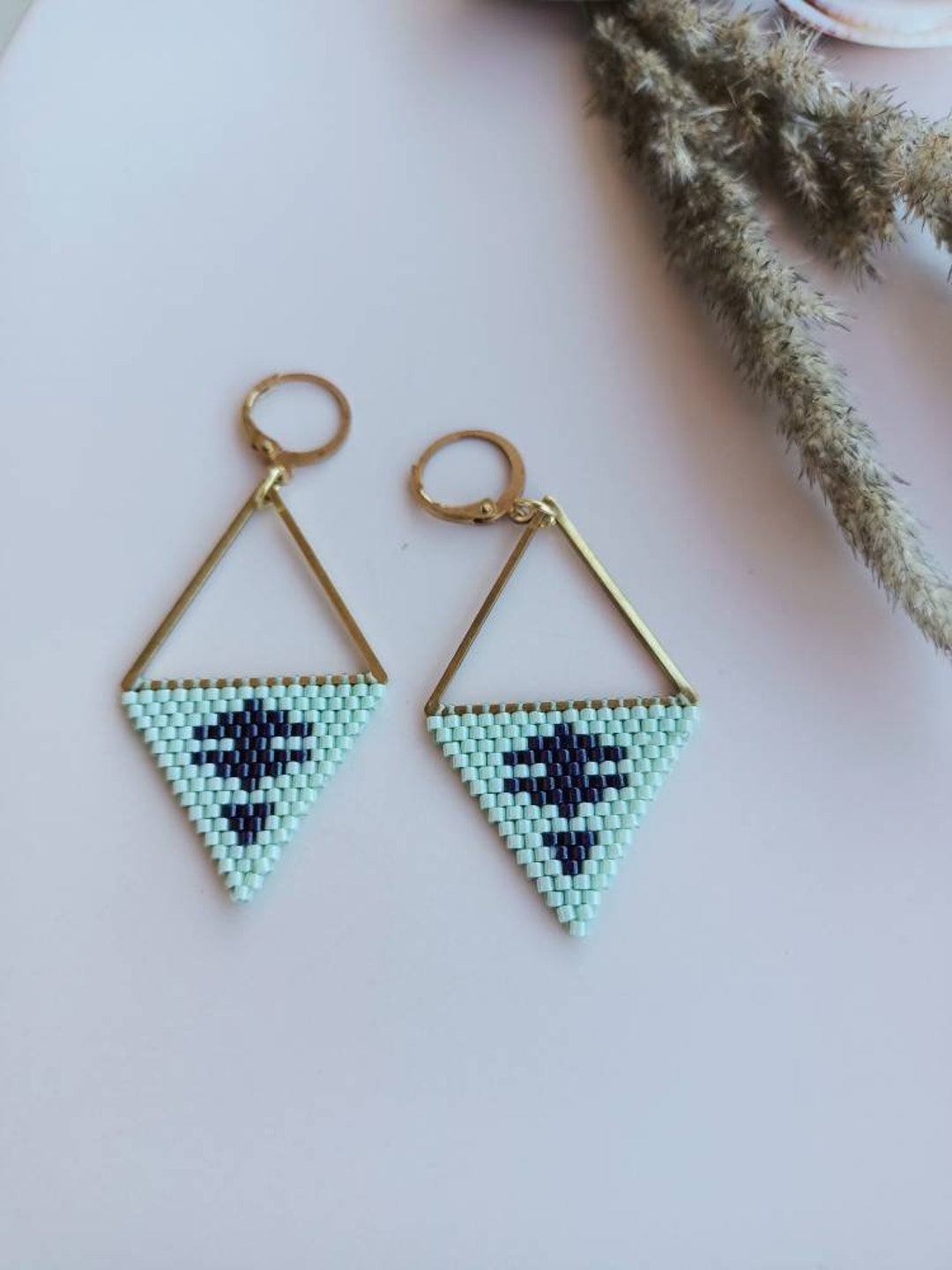 Brick Stitch Beadwork Earrings, Triangle Brass Native İnspired Festival ...