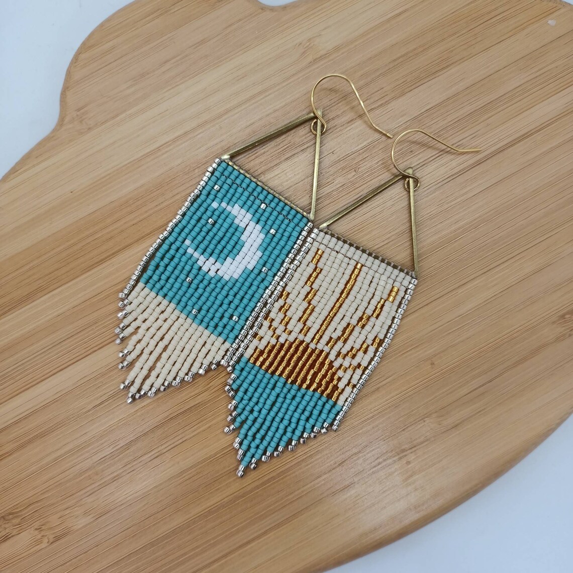 Crescent Moon and Sun Earrings Turquoise Beaded Moon | Etsy