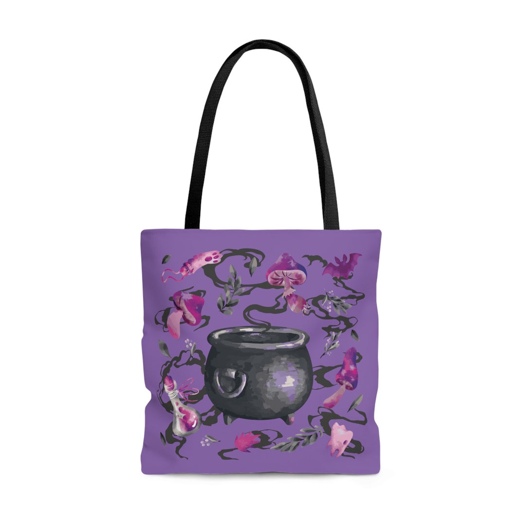 Witchy Tote Bag, Cauldron and Mushroom Bag, Purple and Black Bag - Etsy