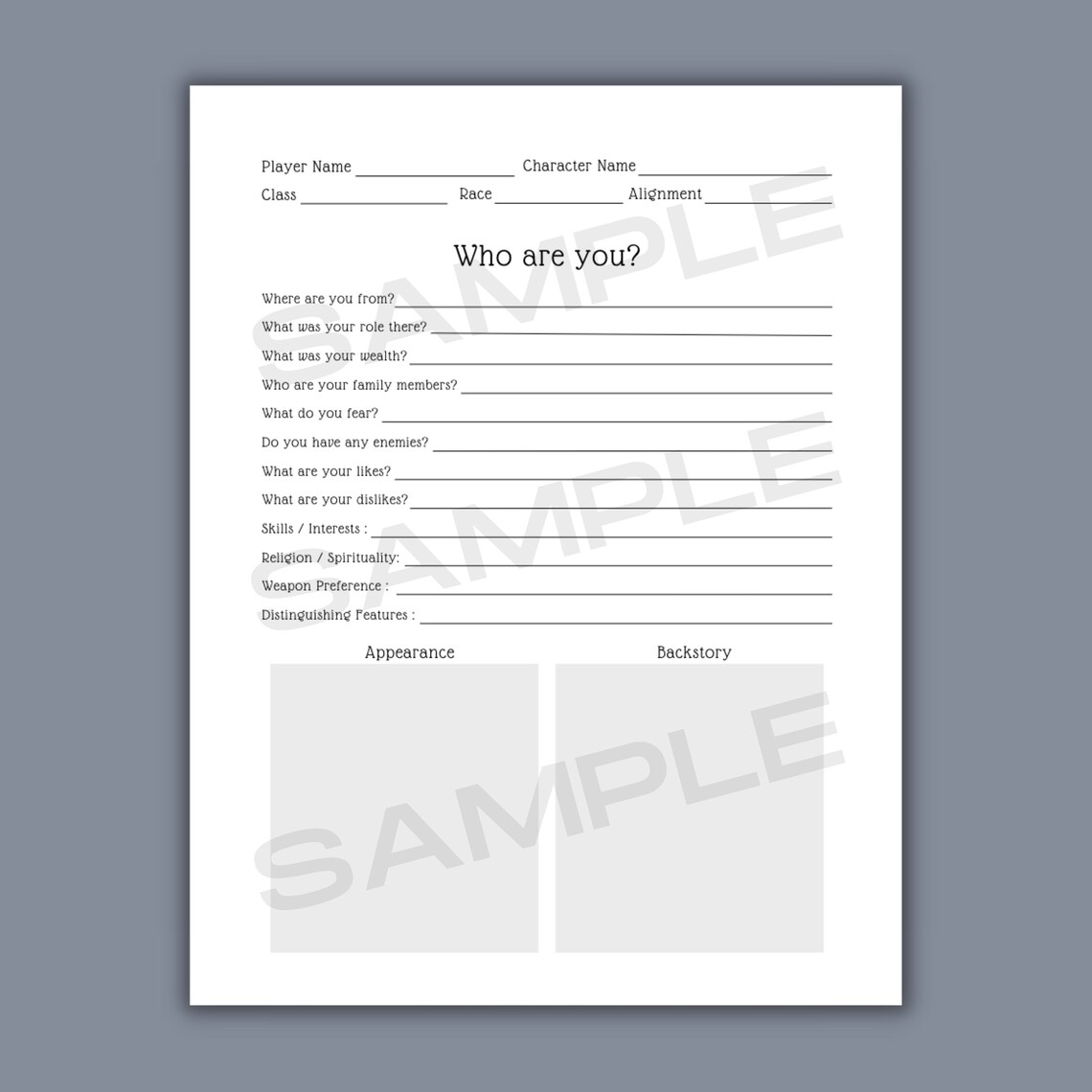 DND Character Questionnaire for New Players And/or Fresh - Etsy