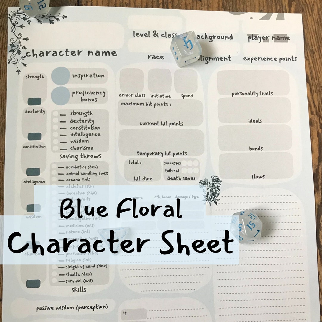 DND Character Sheet - Cute Light Blue Floral - Etsy