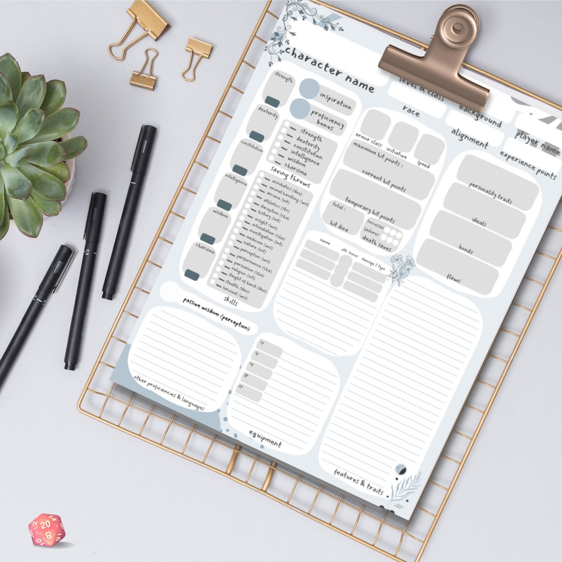 DND Character Sheet Cute Light Blue Floral - Etsy