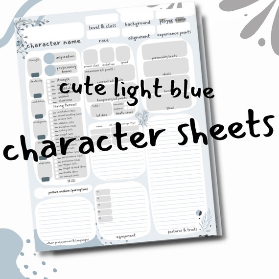 DND Character Sheet Cute Light Blue Floral - Etsy