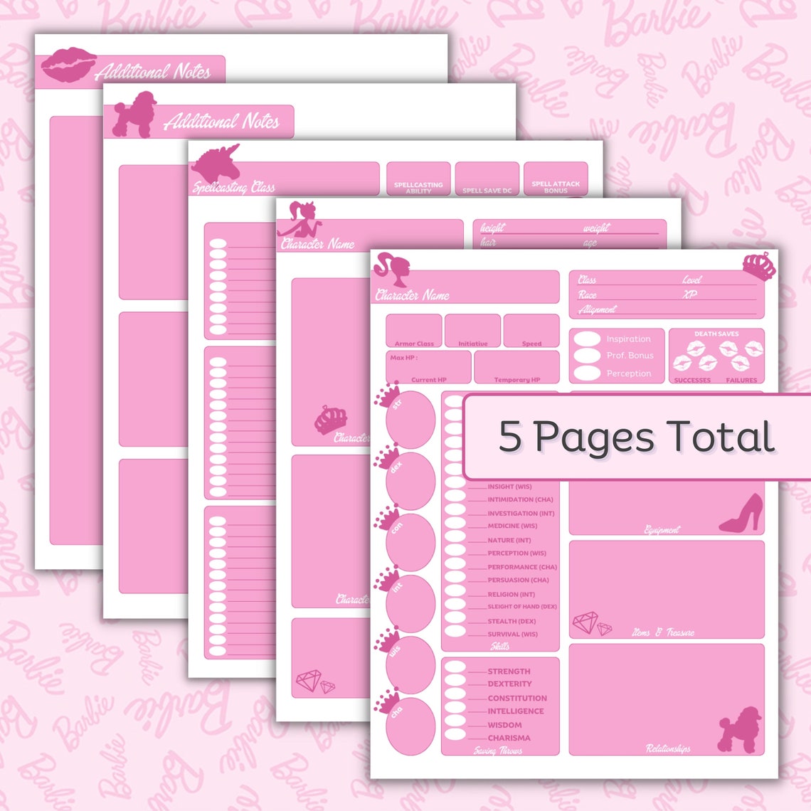 DND Barbie Themed Character Sheet - PDF Printable File - Digital ...