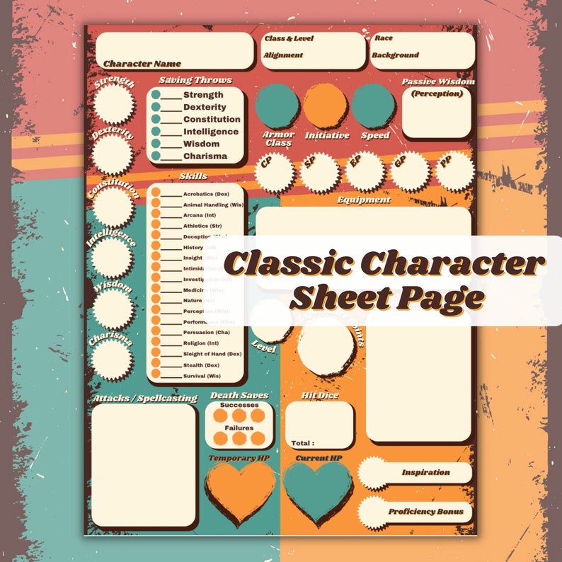 DND Colorful Vintage Character Sheet PDF Printable - Etsy