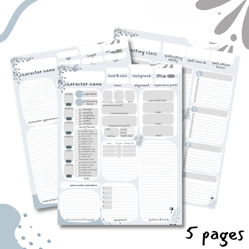 DND Character Sheet Cute Light Blue Floral - Etsy