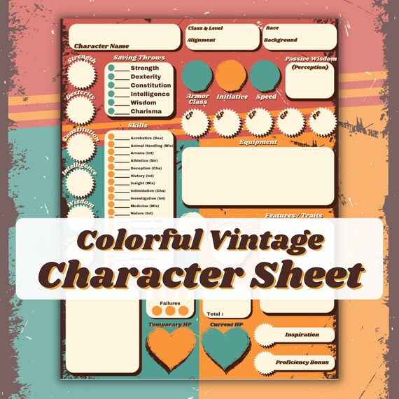 DND Colorful Vintage Character Sheet PDF Printable - Etsy
