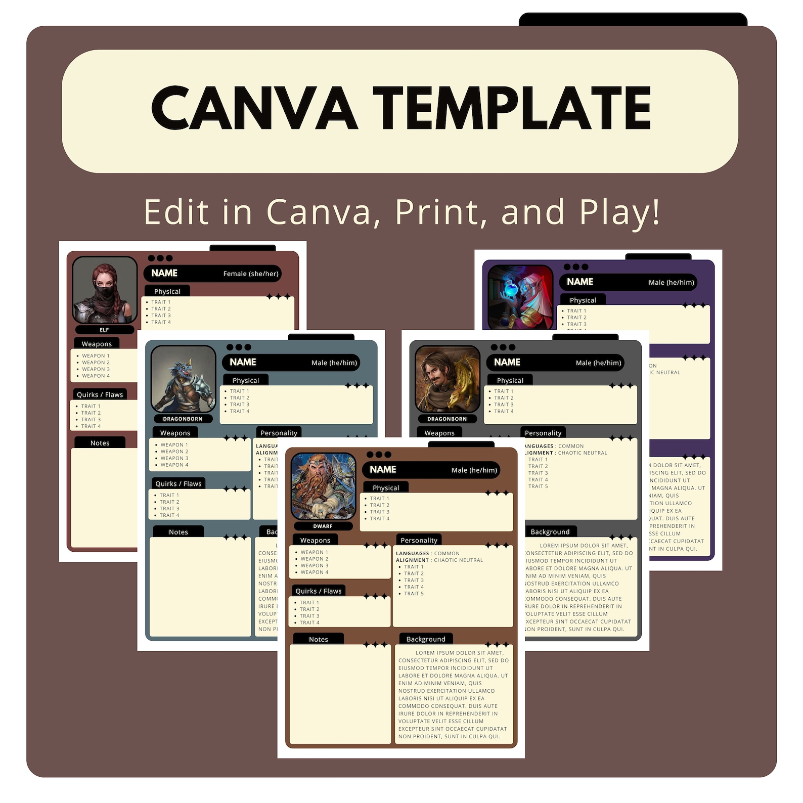 DND Character Sheets for Npc's - Printable / Canva Editable - Etsy