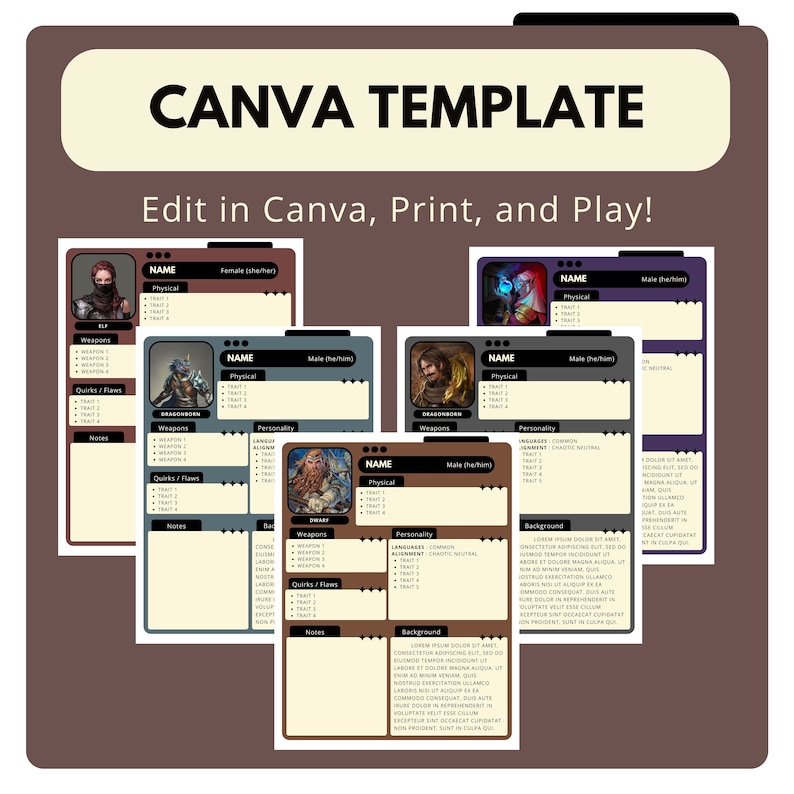 DND Character Sheets for Npc's - Printable / Canva Editable - Etsy