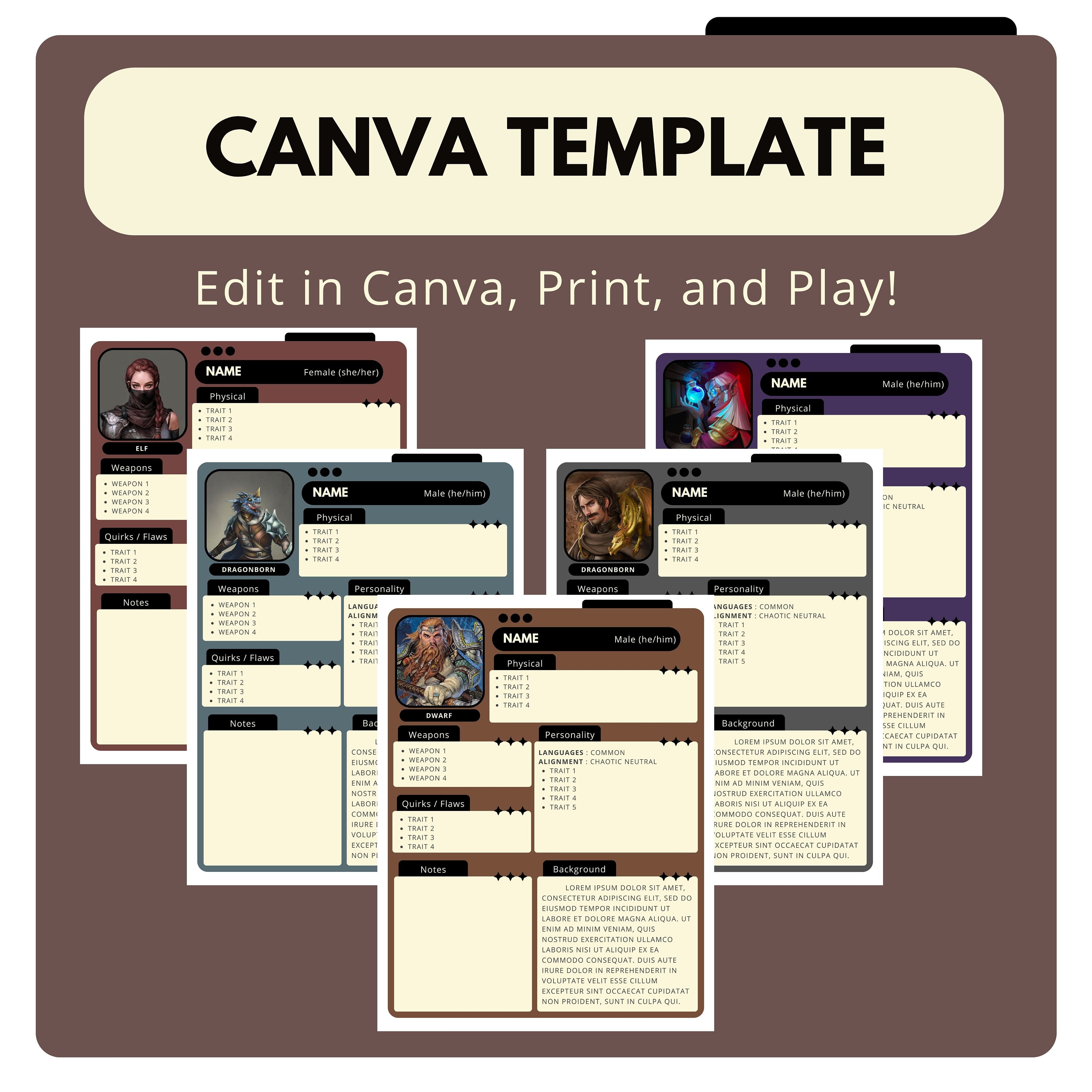 DND Character Sheets for Npc's - Printable / Canva Editable - Etsy