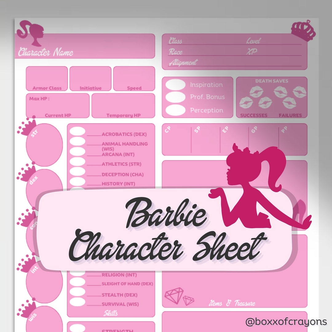 DND Barbie Themed Character Sheet - PDF Printable File - Digital ...