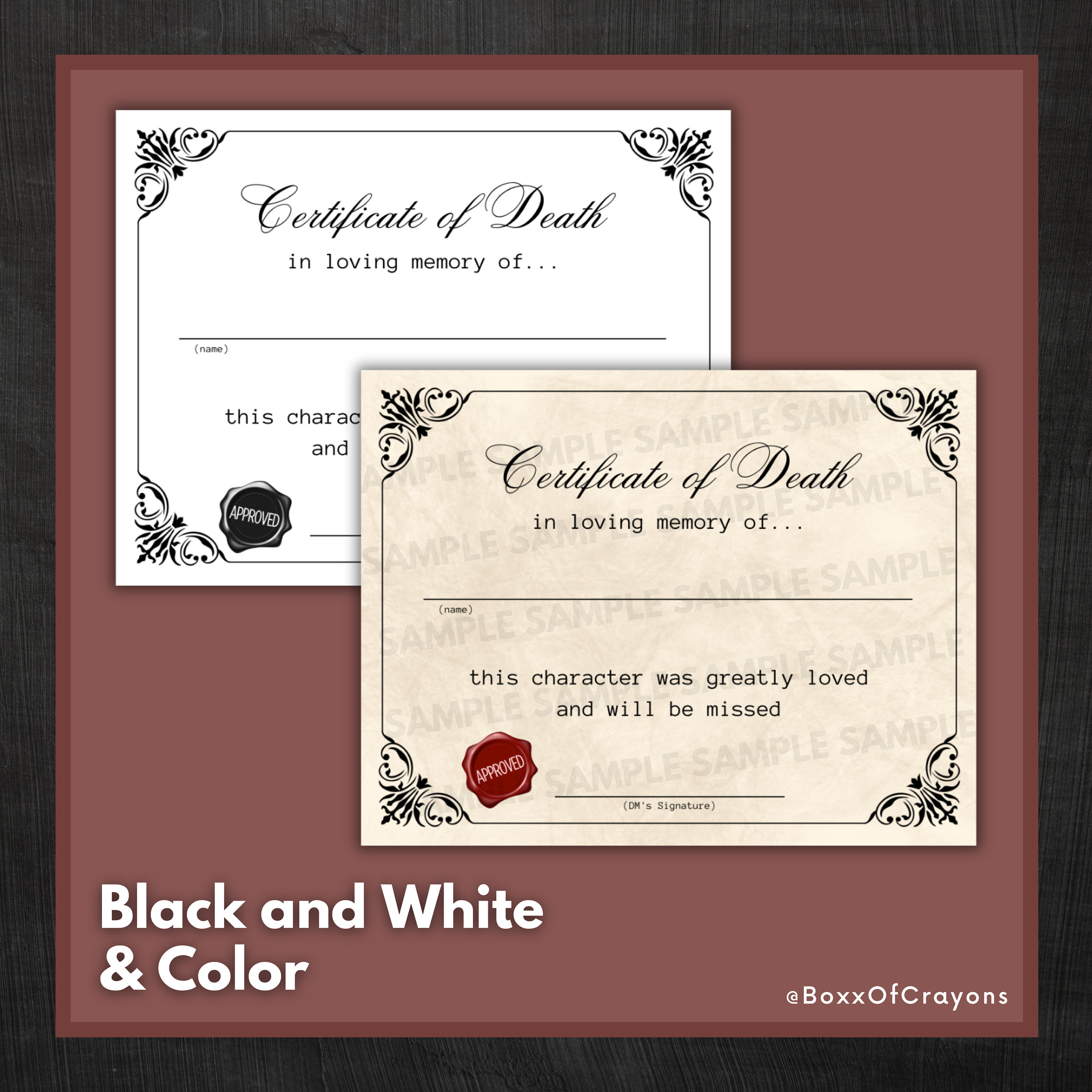 DND Death Certificate Funny Printable for Your Campaign Black/white AND ...