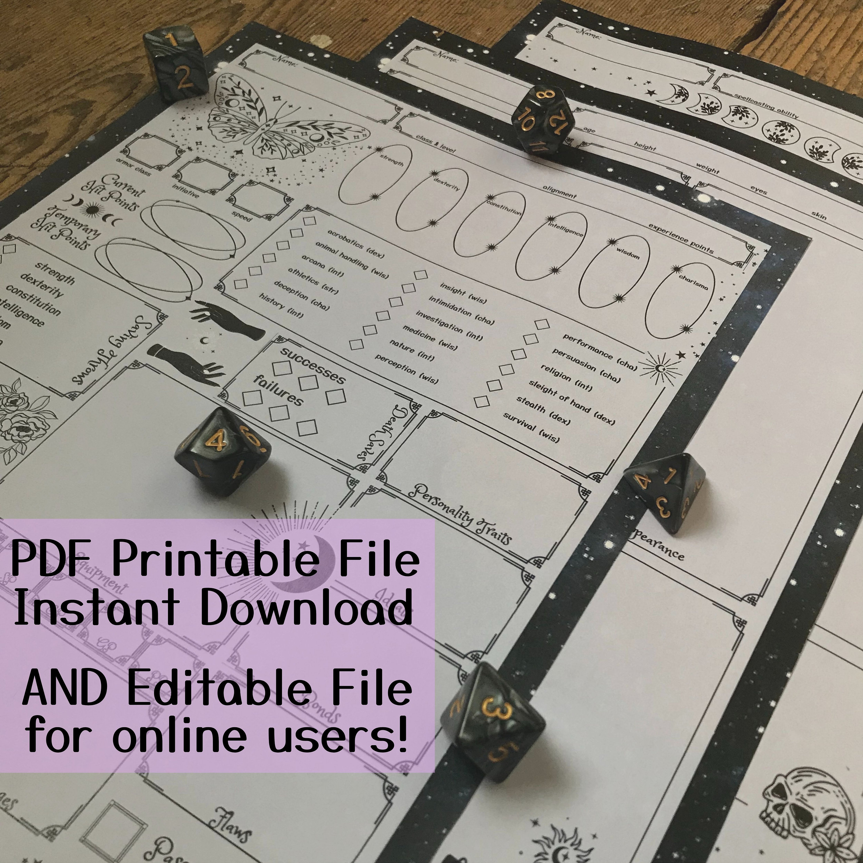 DND Celestial Character Sheet - PDF Printable and Editable Page - Etsy