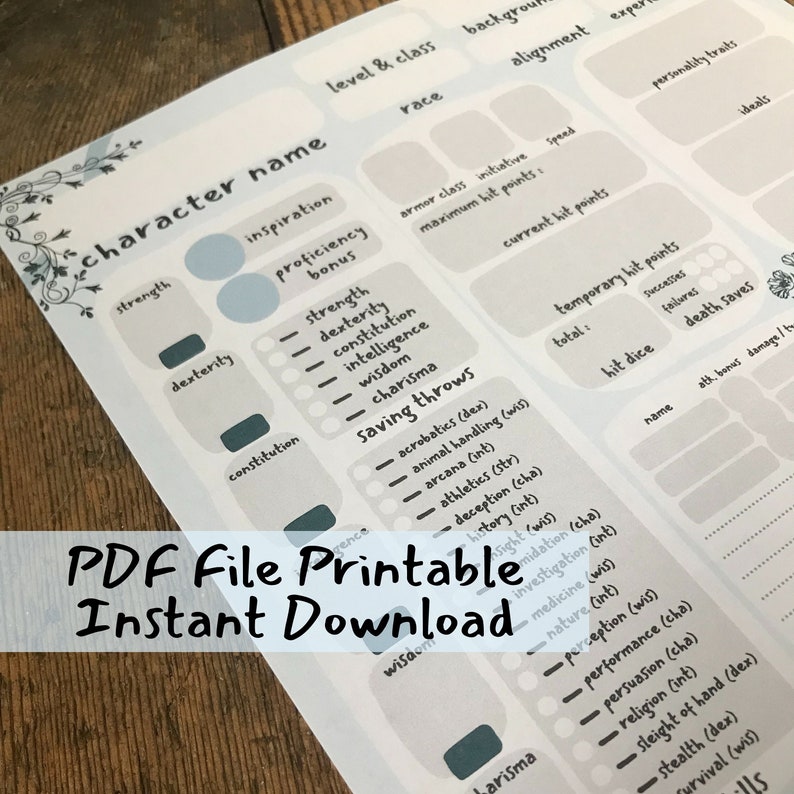 DND Character Sheet - Cute Light Blue Floral - Etsy