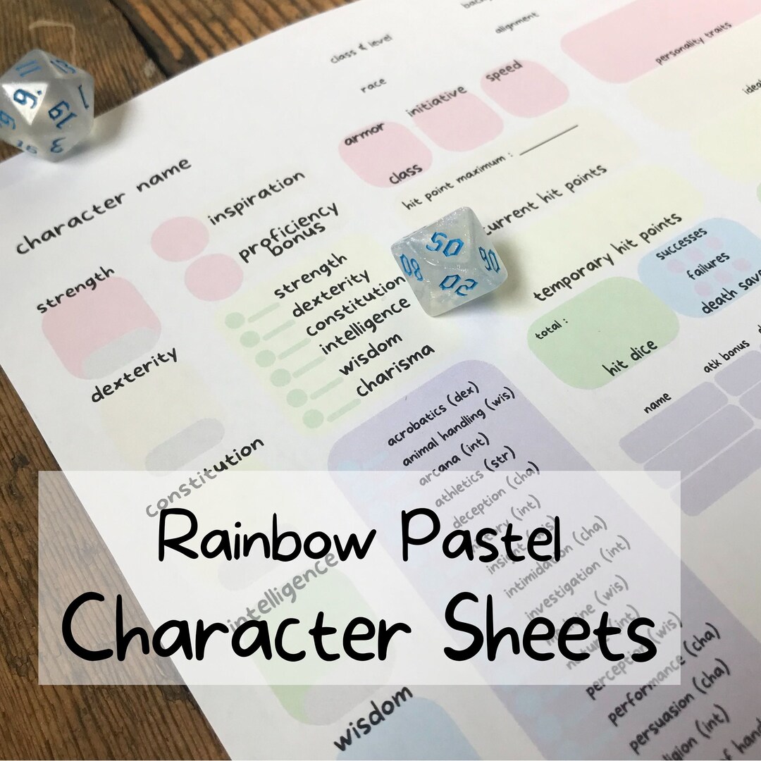 DND Rainbow Pastel Character Sheet - PDF Printable File - Etsy