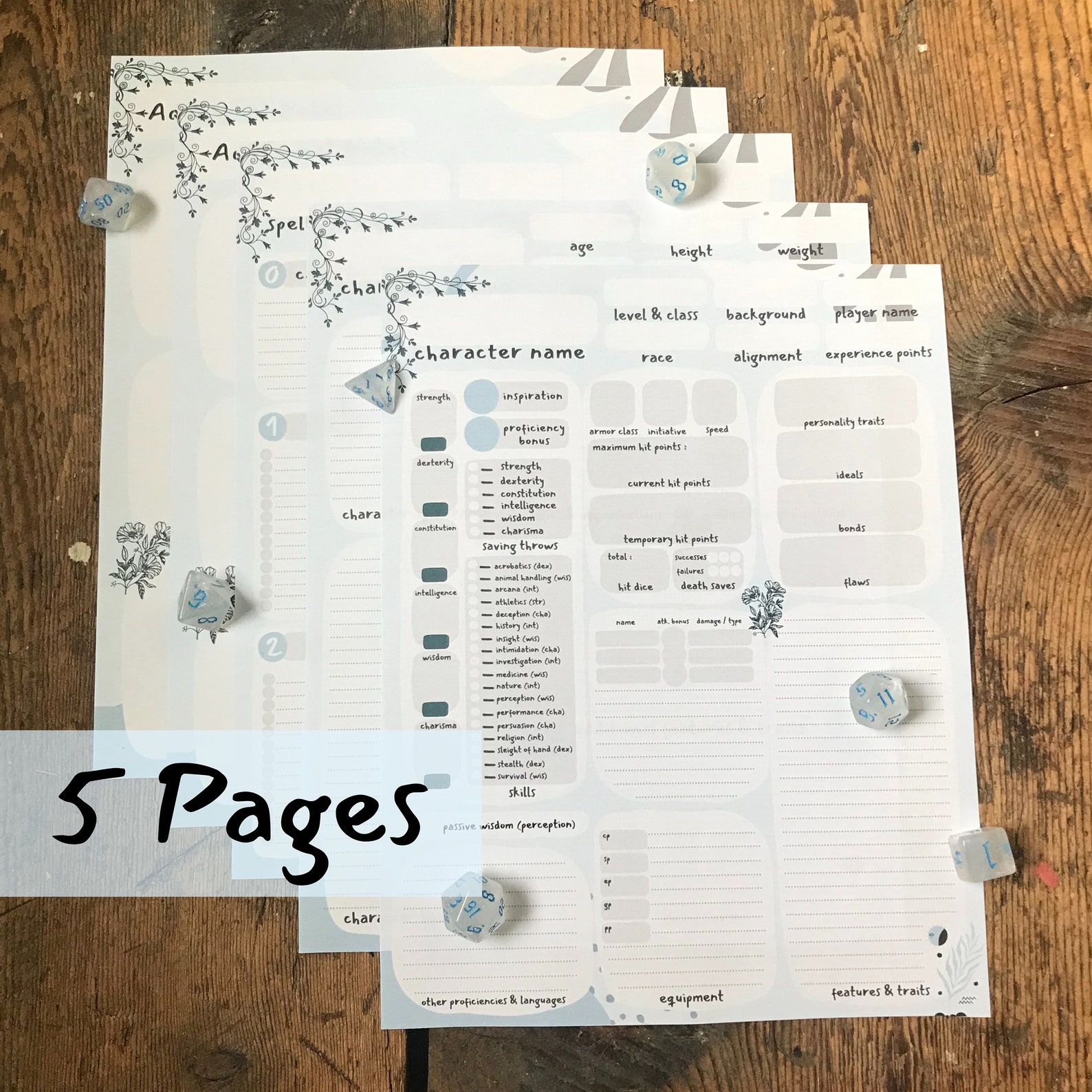 DND Character Sheet - Cute Light Blue Floral - Etsy