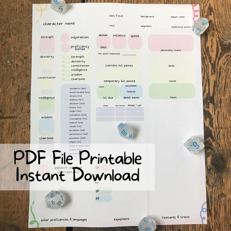 DND Rainbow Pastel Character Sheet PDF Printable File - Etsy
