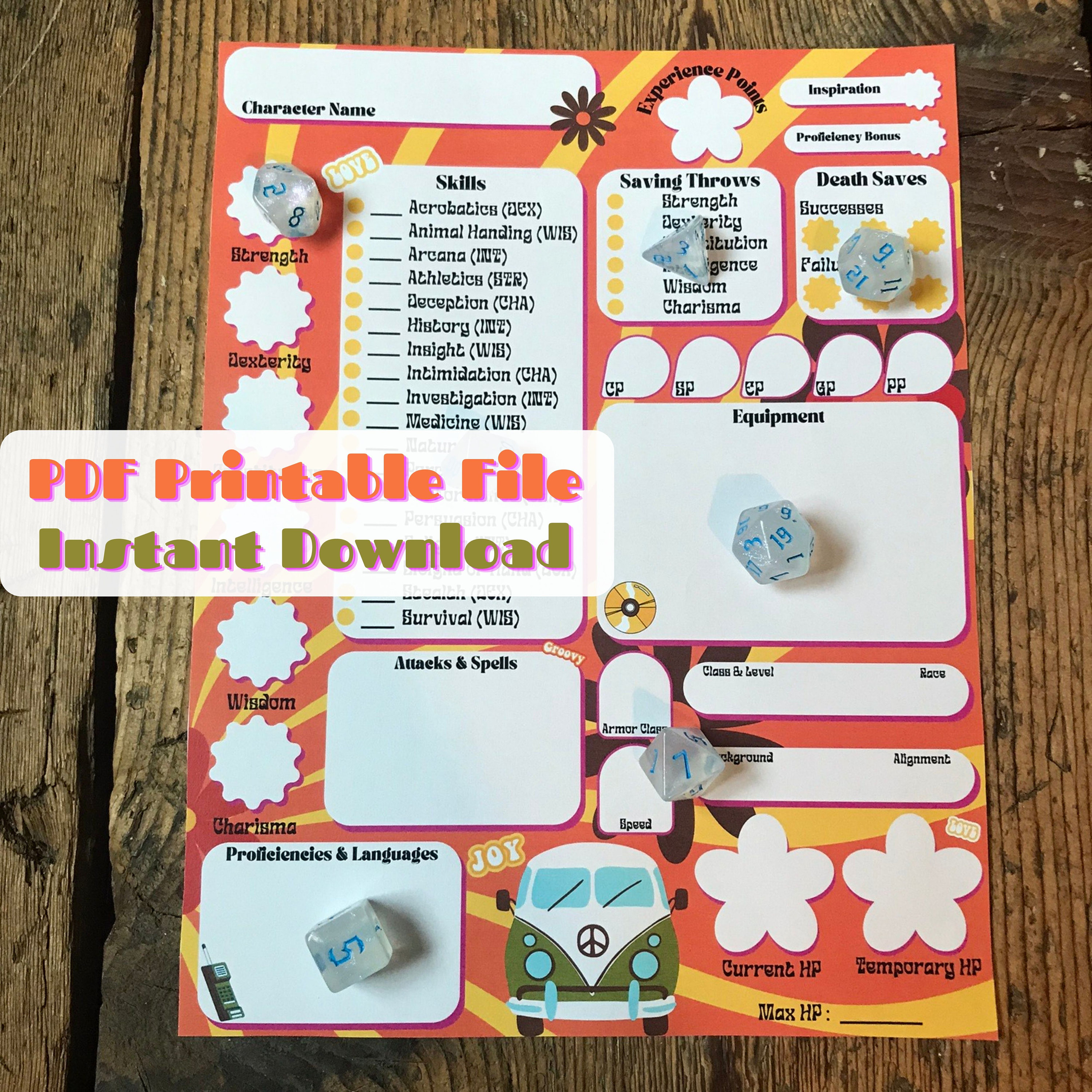 DND Groovy Retro Character Sheet - PDF Printable File - Digital ...