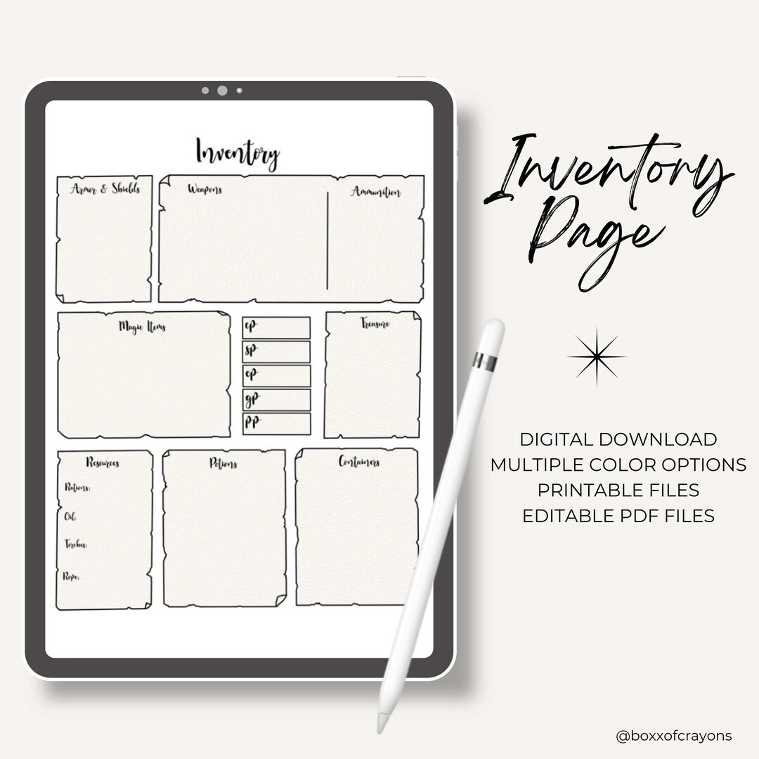 DND Inventory Pages - Printable and Editable PDF Files - Etsy