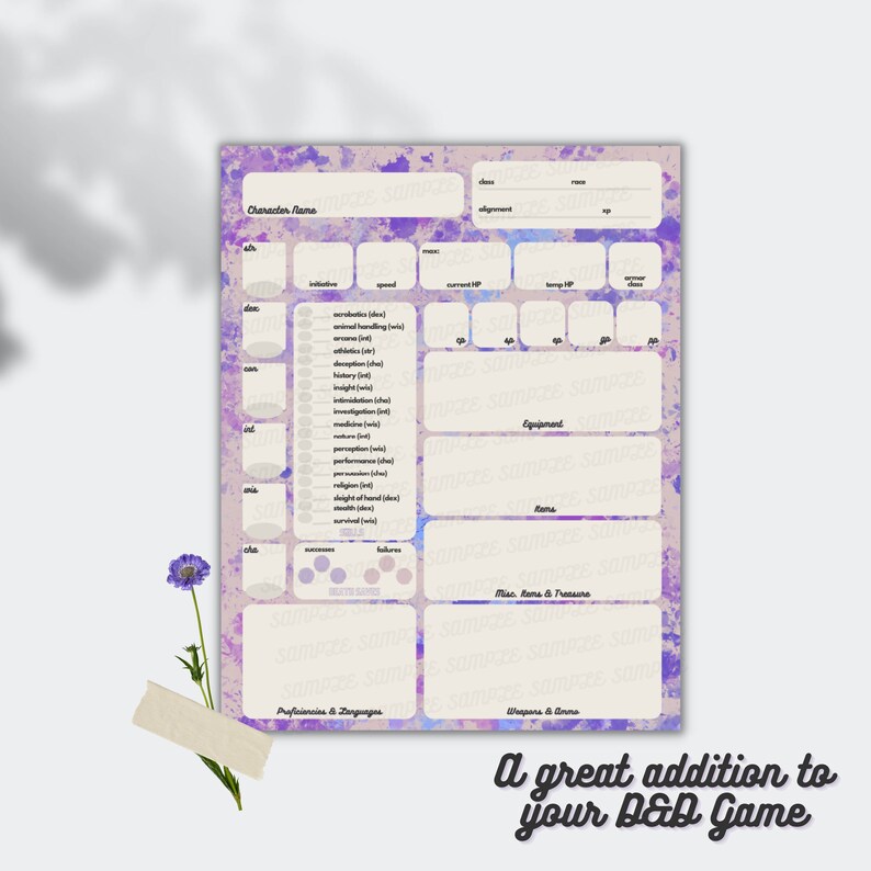 DND Purple Splatter Character Sheet - PDF Printable File - Digital ...
