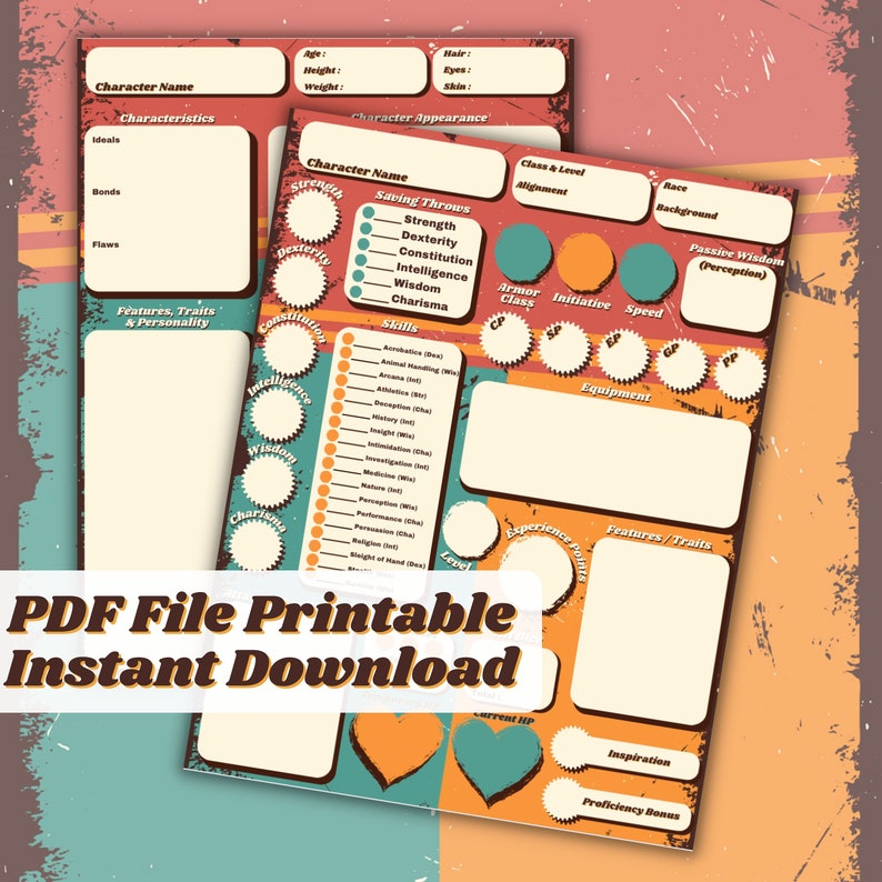 DND Colorful Vintage Character Sheet PDF Printable - Etsy